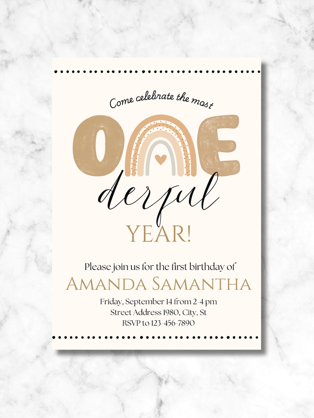 Beige One-derful 1st Birthday Invitation, Neutral Baby Invite (digital ...
