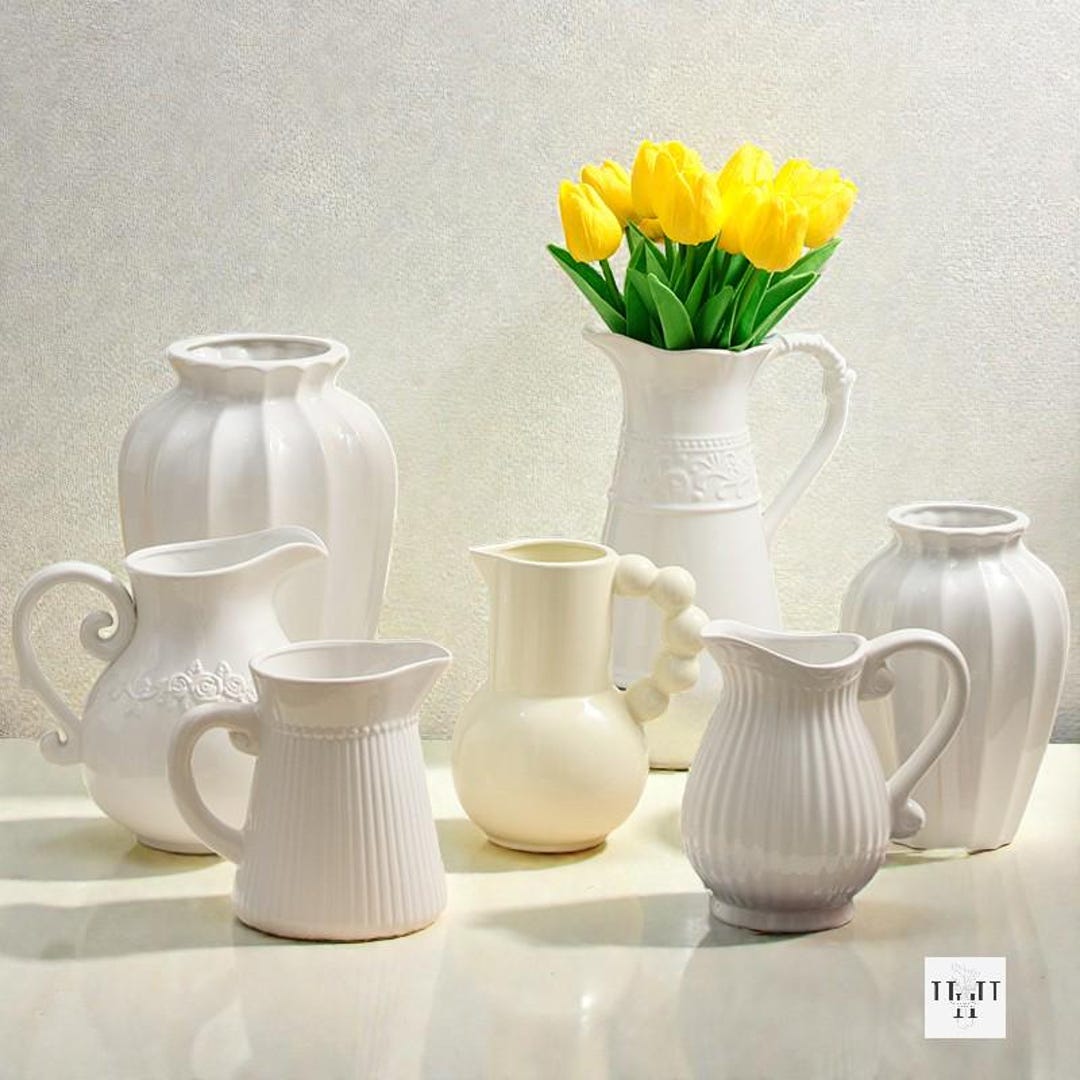 White Ceramic Vase & Jug Collection | Fluted, Decorative Ribbed, Bubble ...