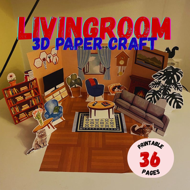 Living Room 3D Paper Craft Kit | Printable Miniature Furniture | DIY ...