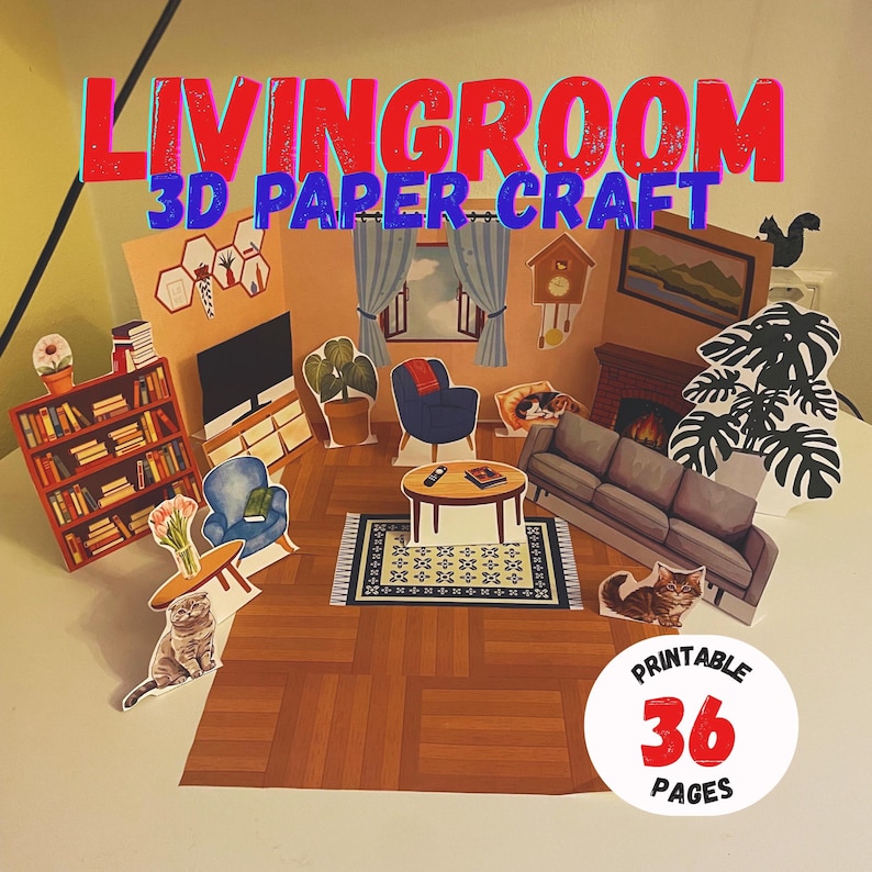 Miniature Living Room Paper Craft Kit | 3D Printable Dollhouse (PDF ...