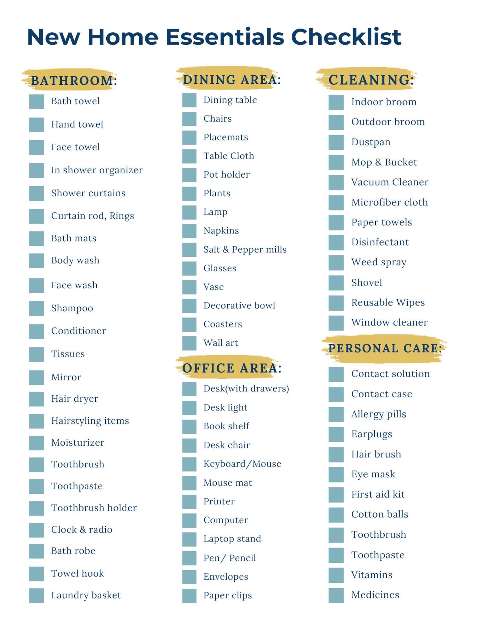 New Home Essentials Checklist Printable | Room-by-room New House Setup ...