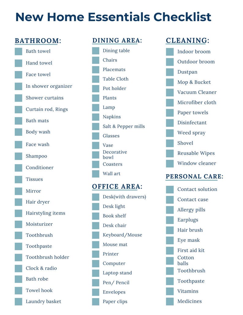 New Home Essentials Checklist Printable | Room-by-room New House Setup ...