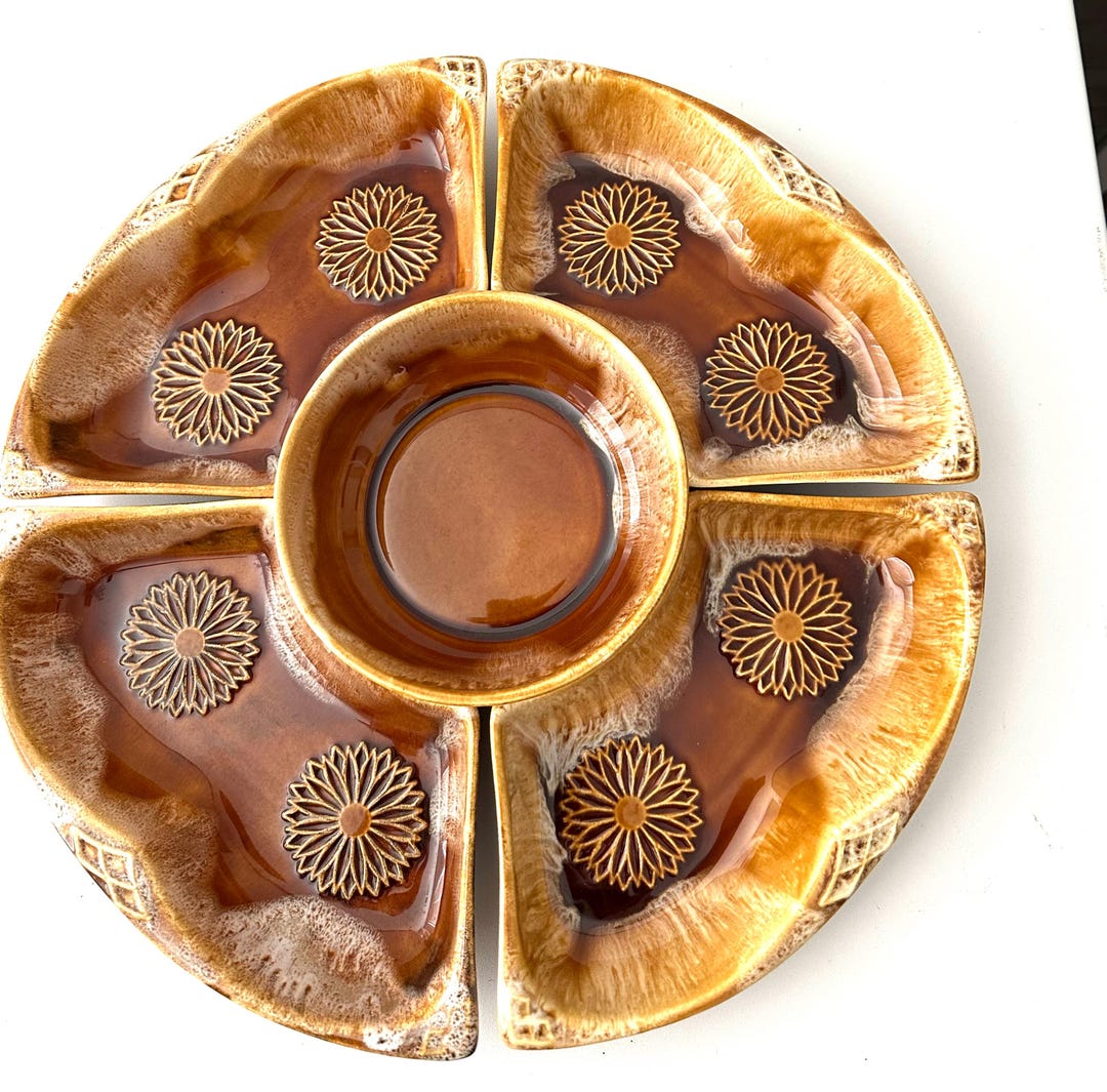 Vintage Lazy Susan: Brown Drip Sunflower Wade USA Pottery Chip and Dip ...