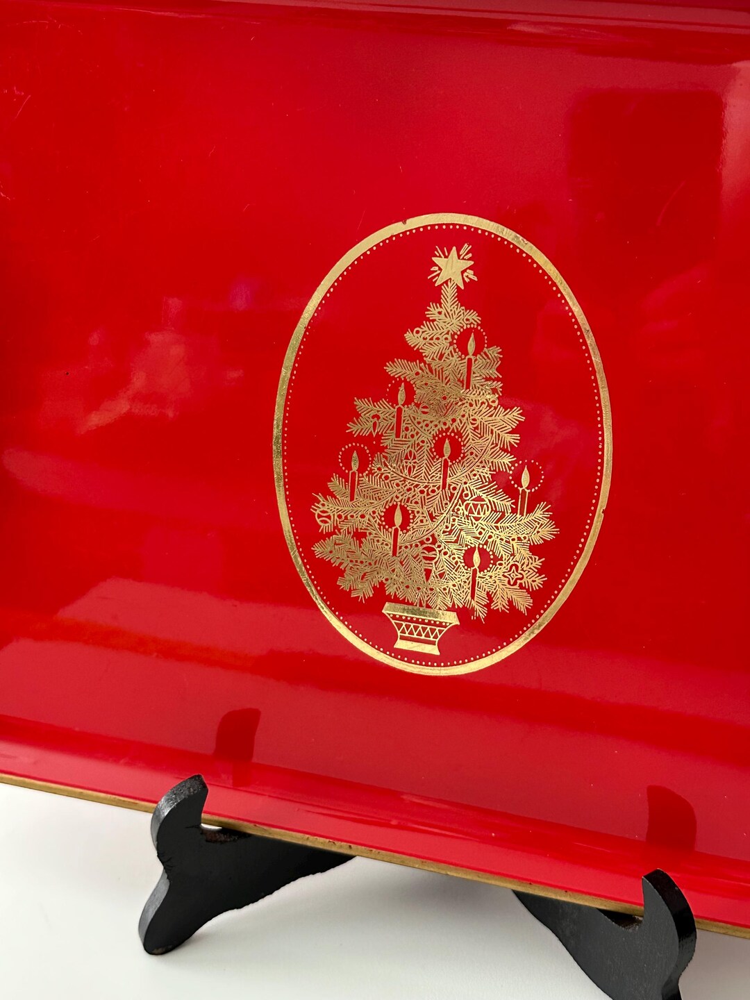 Vintage Serving Tray - Gold Christmas Tree - Red Lacquer - Otagiri ...