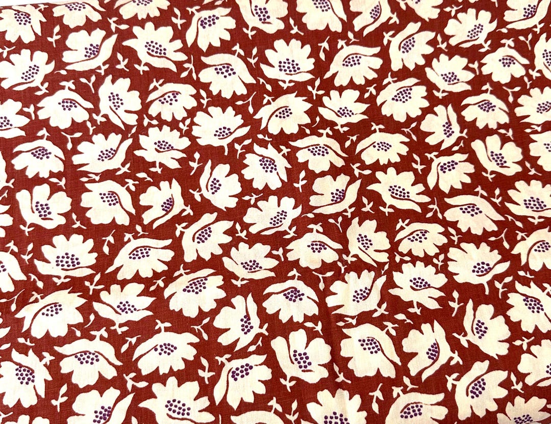 Vintage Fabric: (by the Yard X44”w) Creamy White Flowers on Deep Red ...