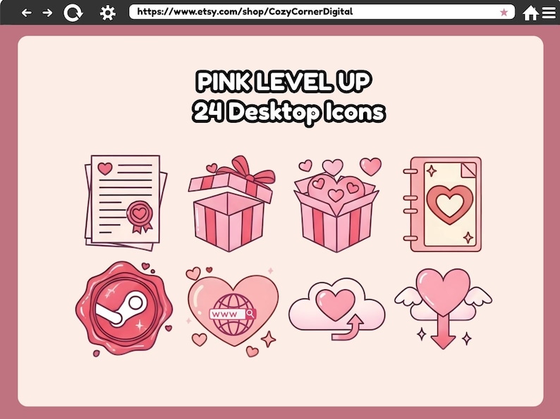 Pink Level up Desktop Icons Cursors Pack Gamer Cozy Windows Mac Kawaii ...