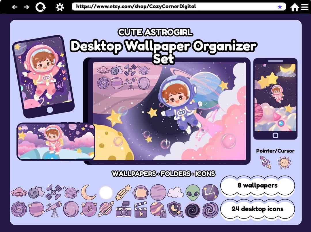 Kawaii Astrogirl Desktop Organizer Set Space Galaxy Wallpapers, Icons ...