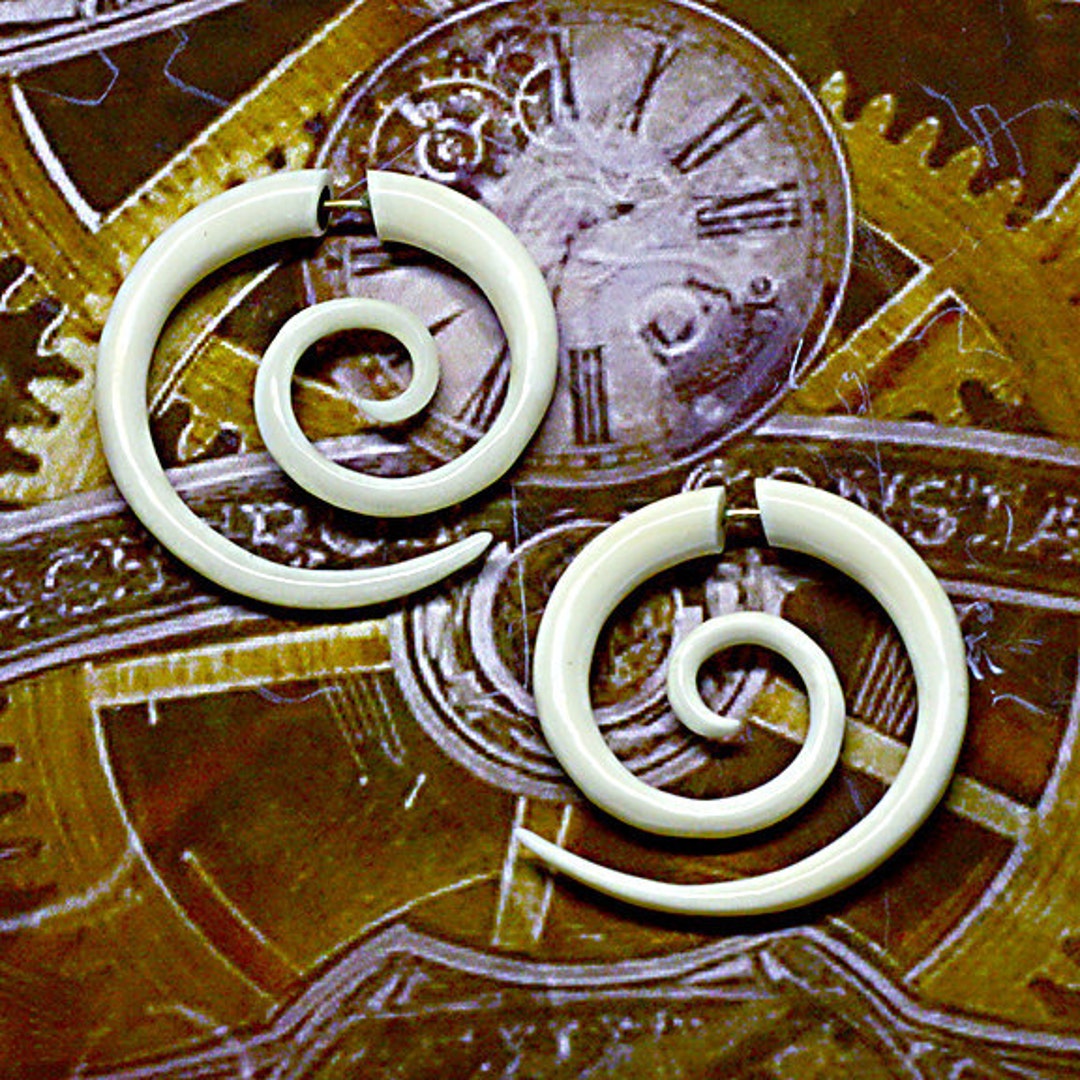 Large Double Spiral, Fake Gauge Earrings, Bone Earrings, Tribal Earring ...