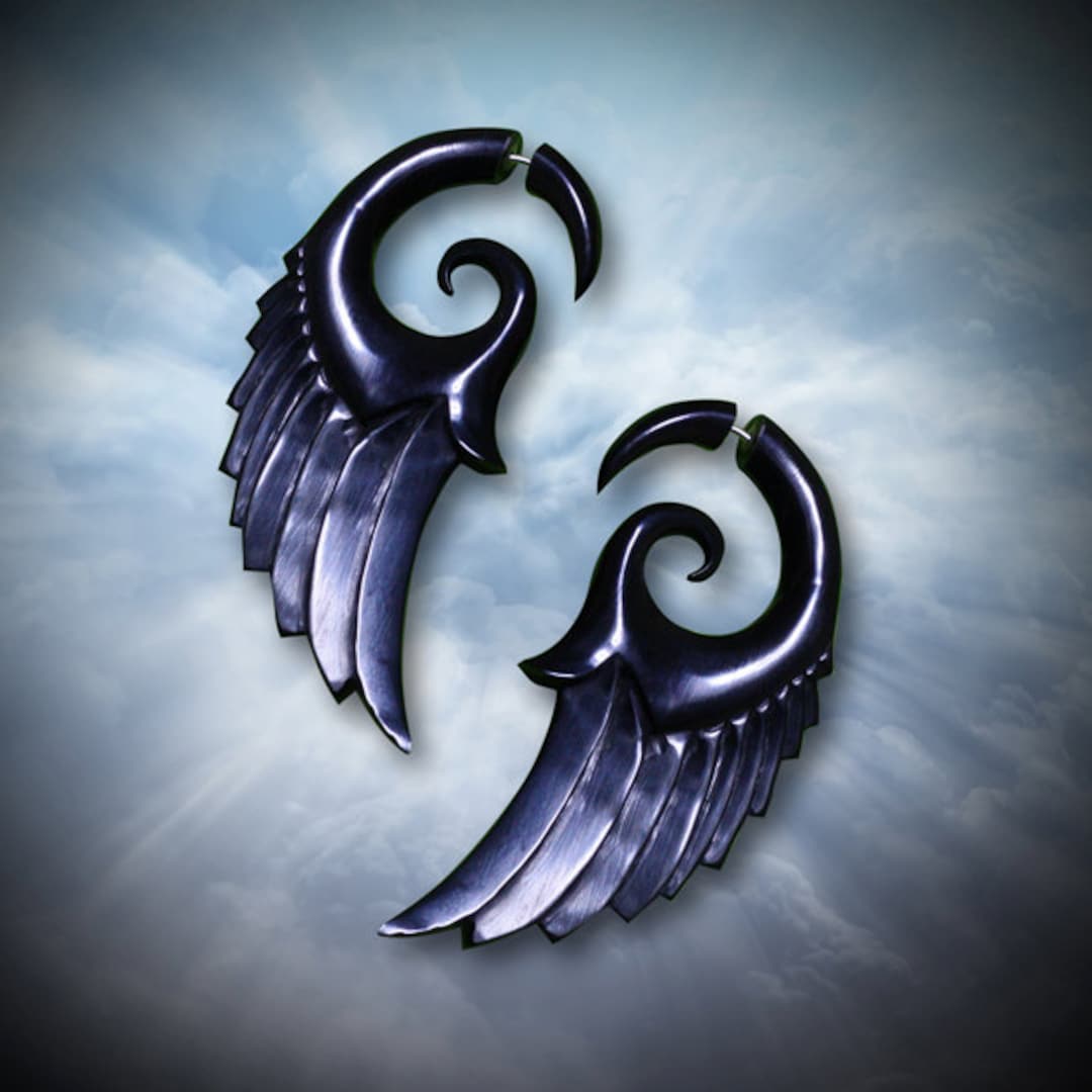 Dark Angel Wings, Fake Gauge, Handmade, Organic, Tribal Jewelry, Split ...