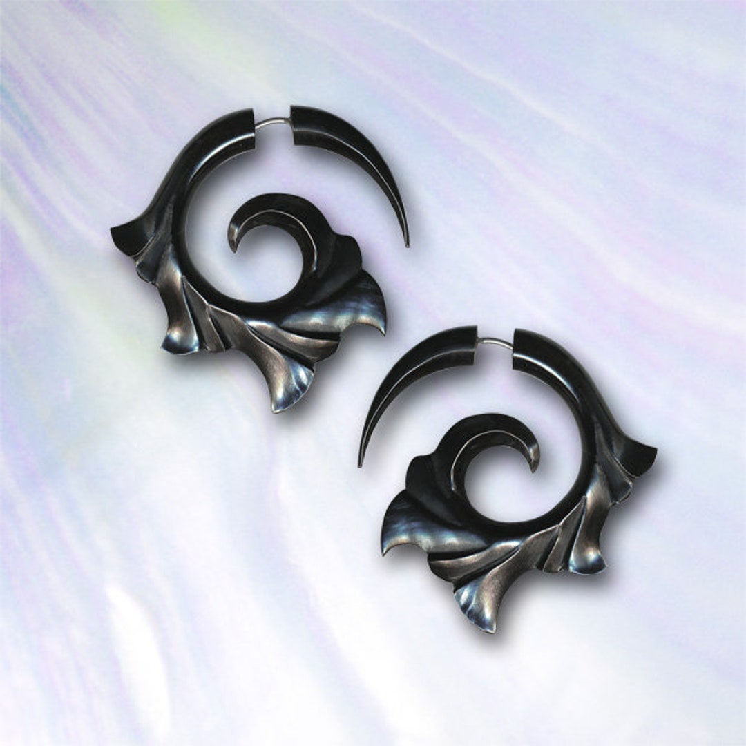 Fake Gauge Spiral Earrings, Black Horn Spiral Earrings, Tribal Earrings ...