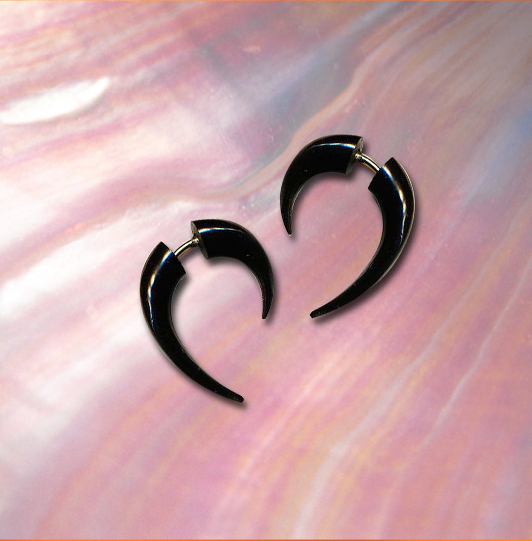 Fake Gauge Earrings, Mini Hooks, Fake Gauge, Black Horn, Tribal ...