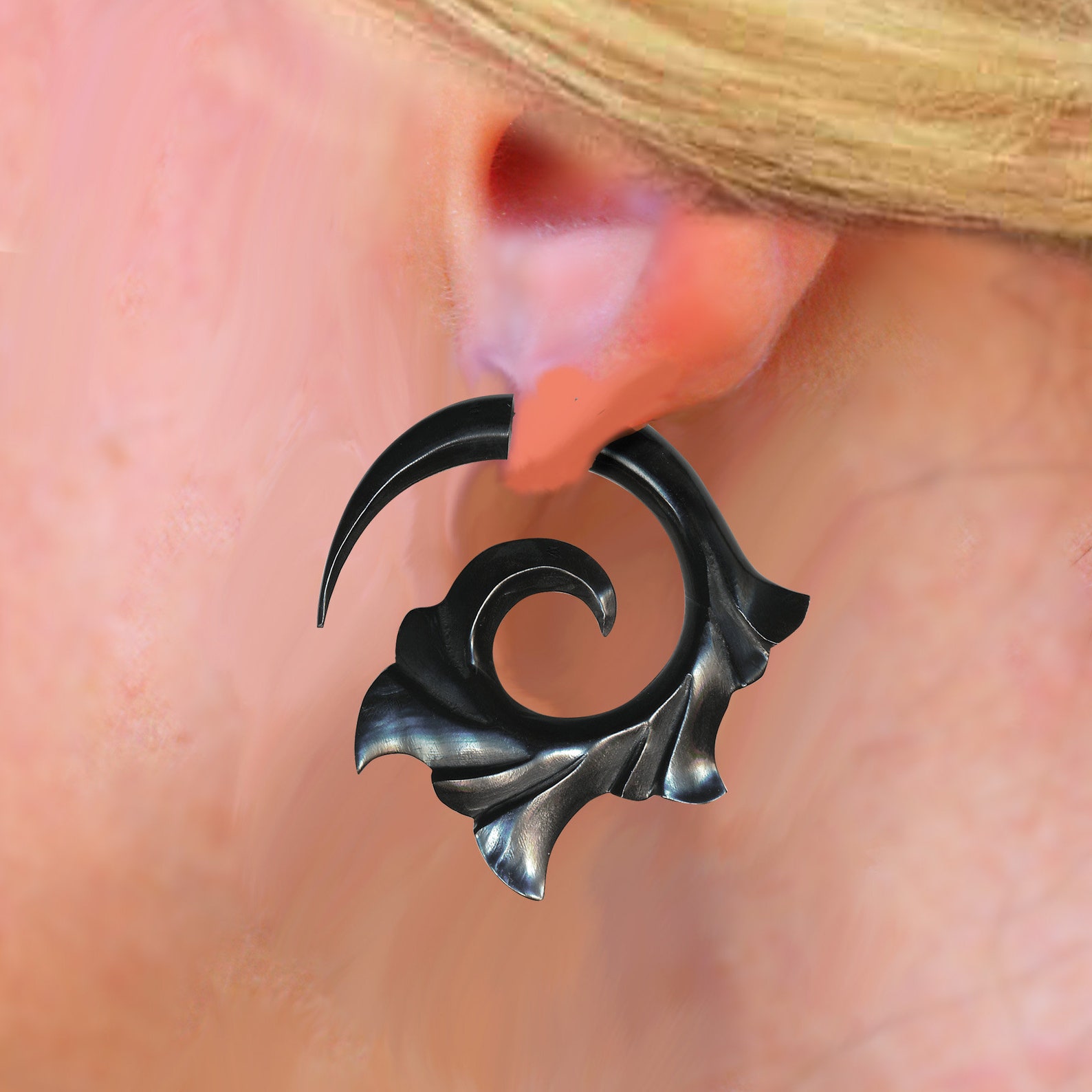 Fake Gauge Spiral Horn Earrings Black Spiral Earrings Tribal - Etsy