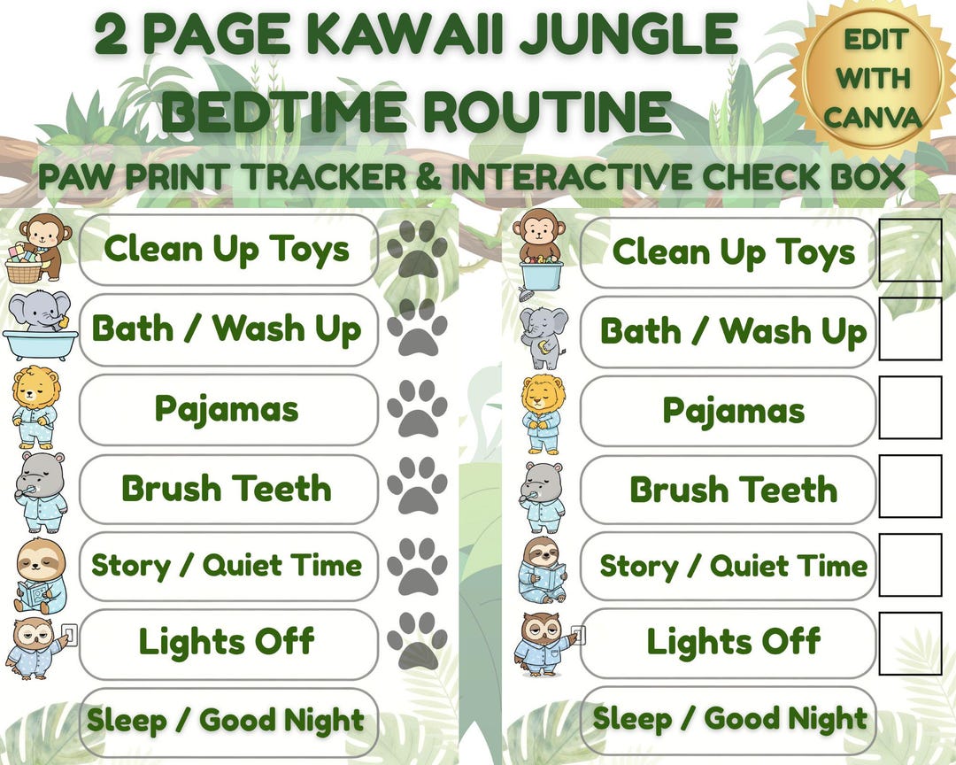 Bedtime Routine Chart for Kids – Editable Calm Night Schedule | Jungle ...