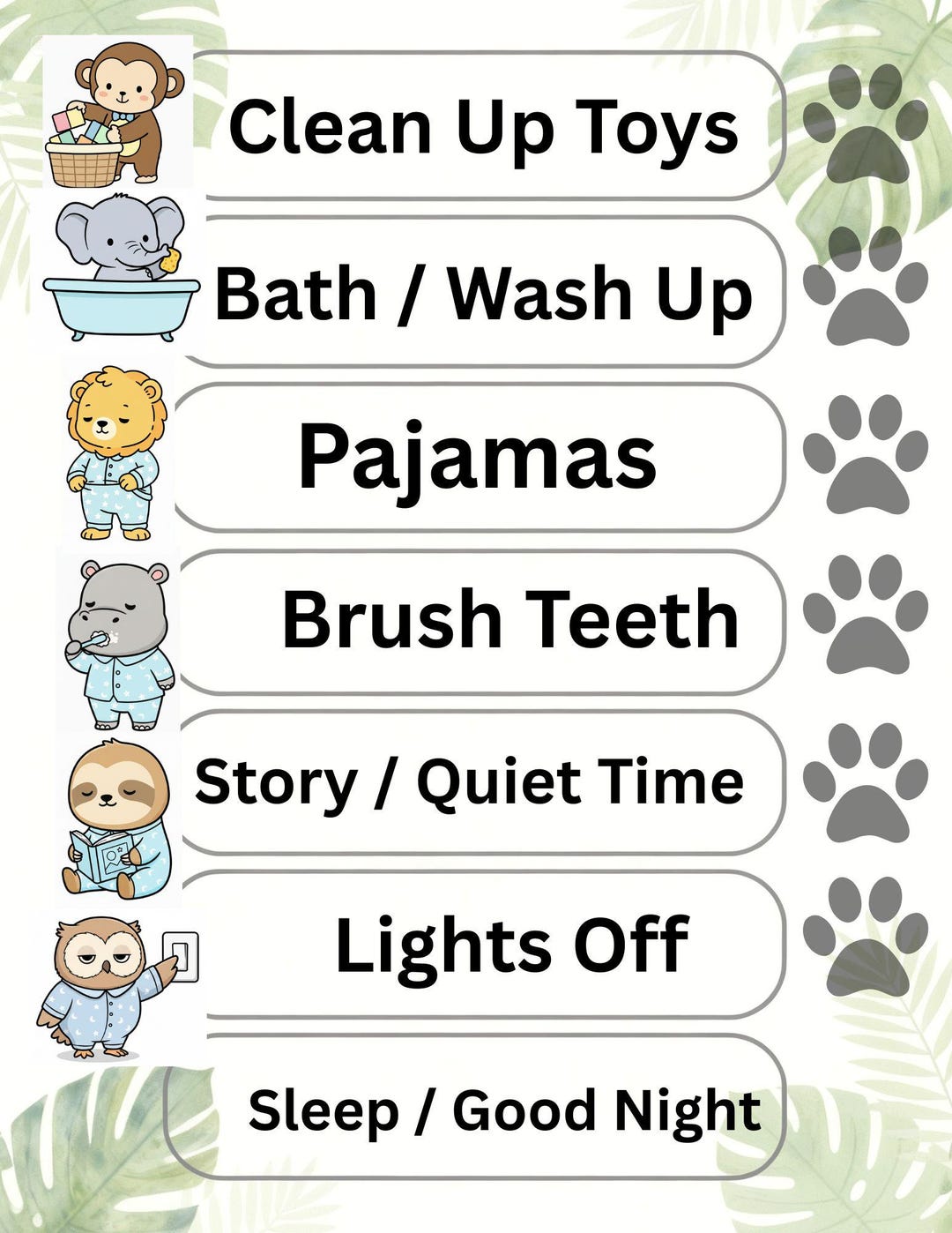 Kawaii Jungle Bedtime Routine Chart | Visual Schedule & Nighttime ...