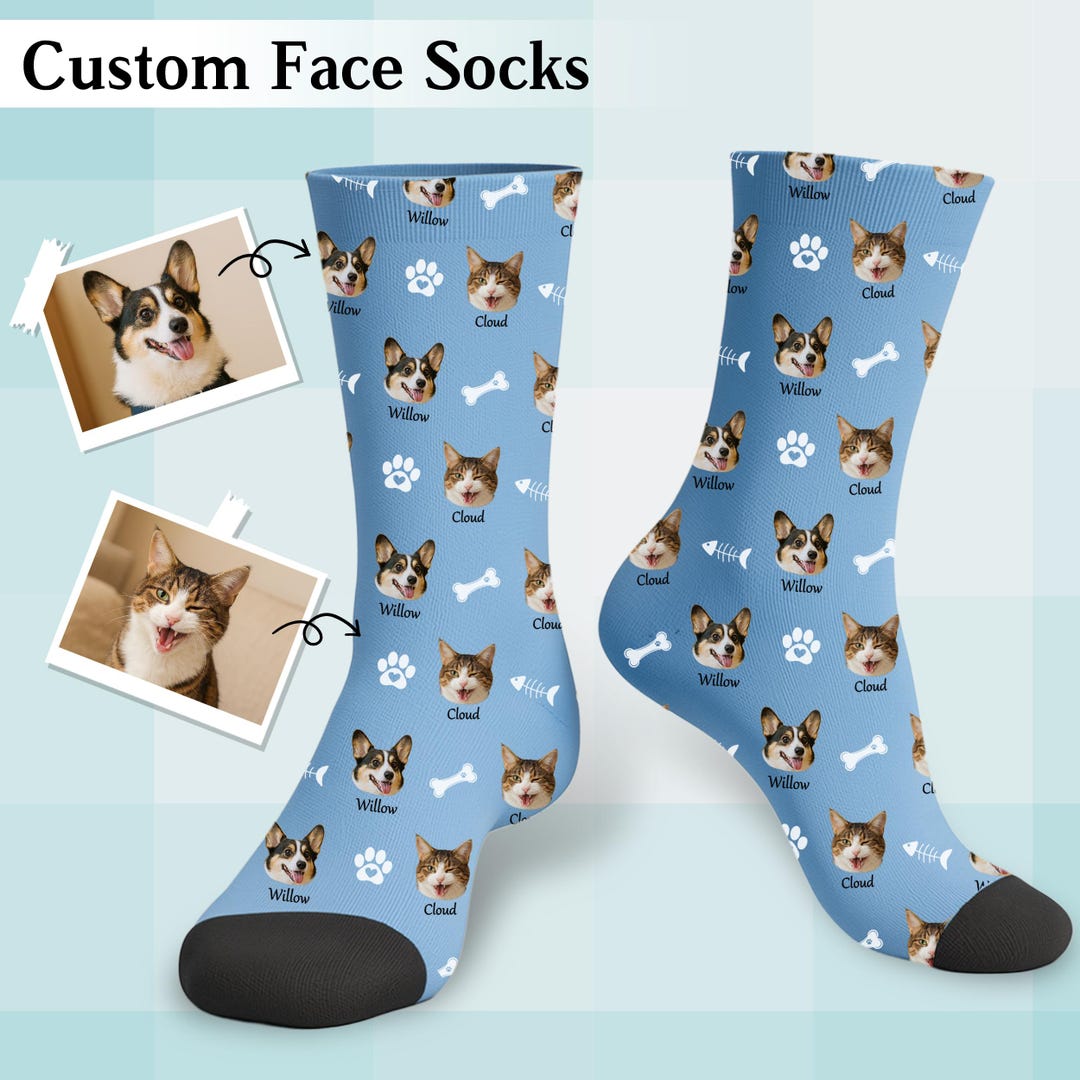 Personalized Pet Photo Socks, Custom Pet Cartoon Portrait Socks, Dog ...