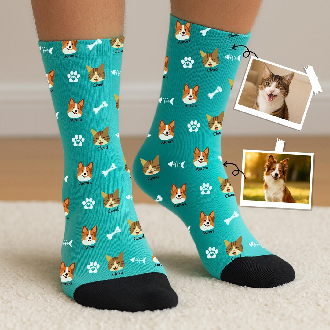 Custom Dog Face Socks, Cartoon Style Pet Socks, Dog With Owner Photo on ...