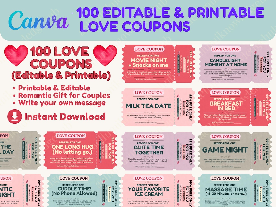 100 Love Coupons | Printable, Editable Romantic Gift (digital Download ...