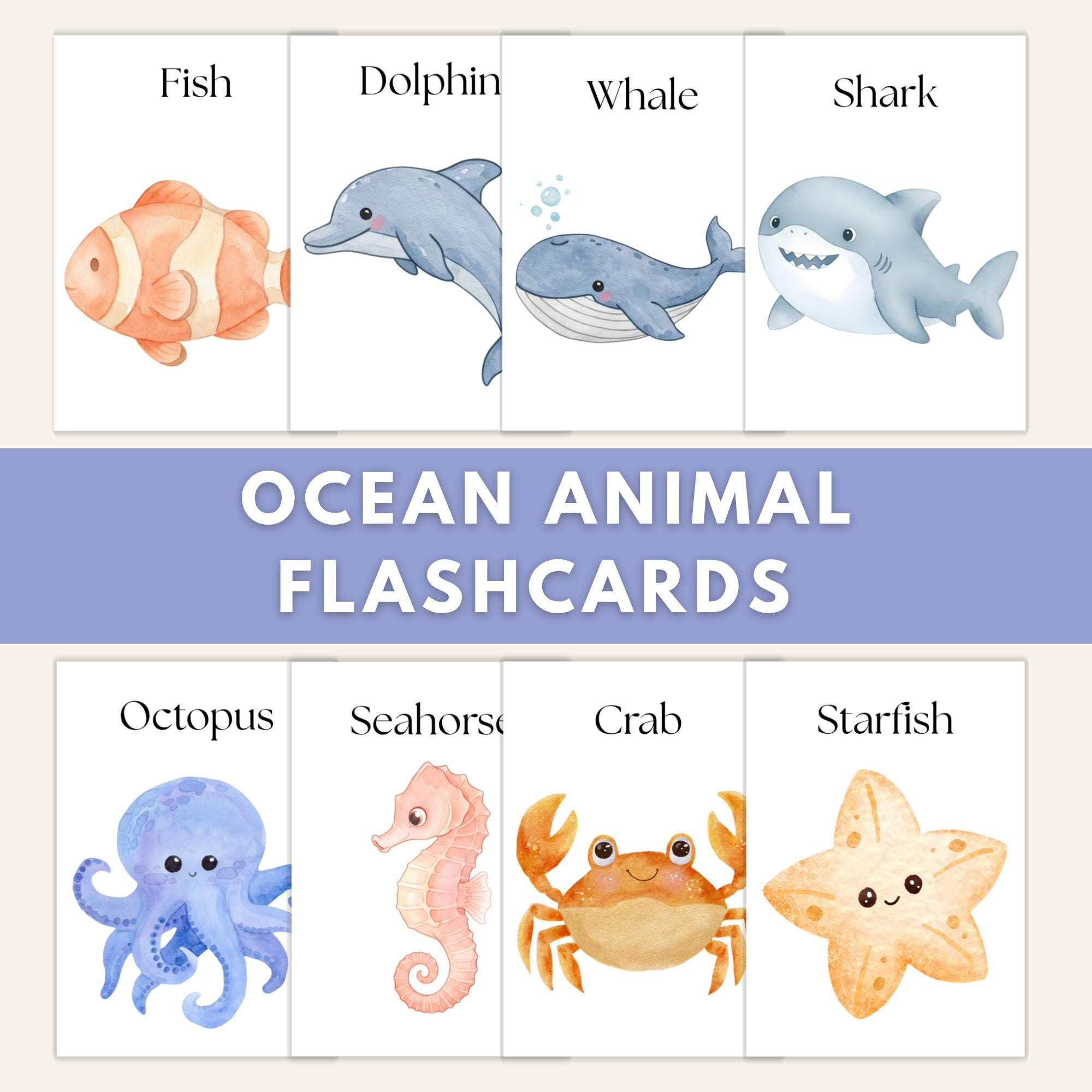 Watercolor Ocean Animal Flashcards | Montessori Learning Cards (PDF ...