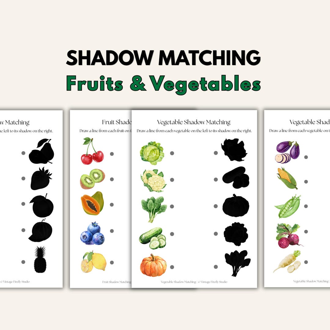 Fruits & Vegetables Shadow Matching Worksheets | Preschool Matching ...