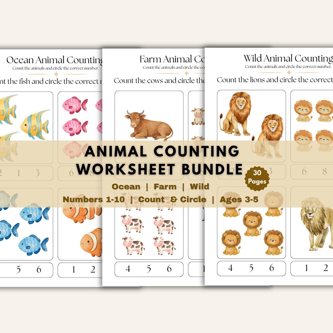 Animal Counting Worksheets Bundle | Farm, Ocean & Wild Animals Count ...