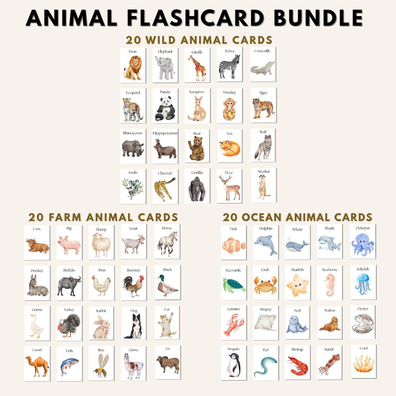 Animal Flashcards Bundle | Farm, Wild & Ocean | Homeschool Printable ...