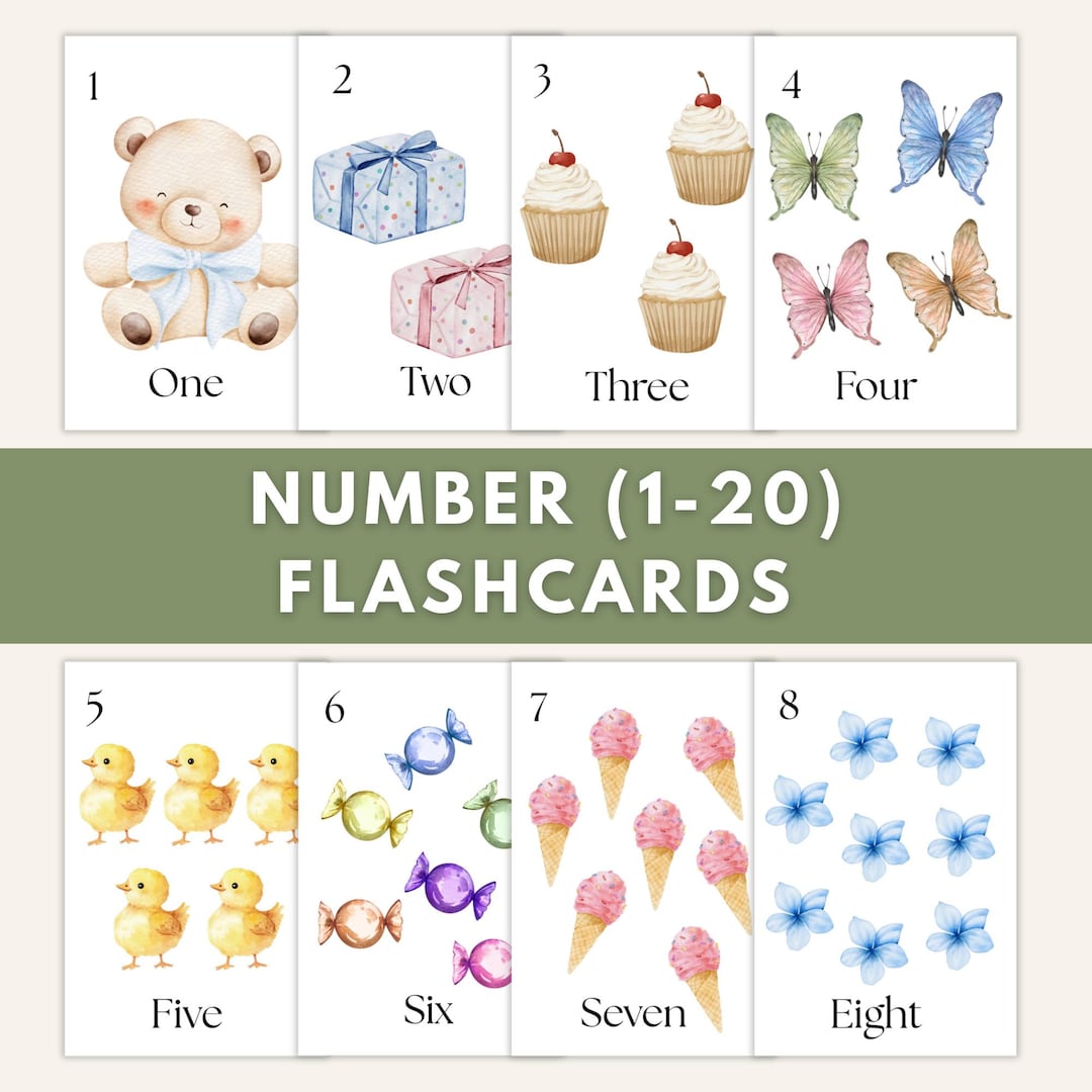 Watercolor Number Flashcards 1-20 – Printable Learning Cards (PDF) - Etsy