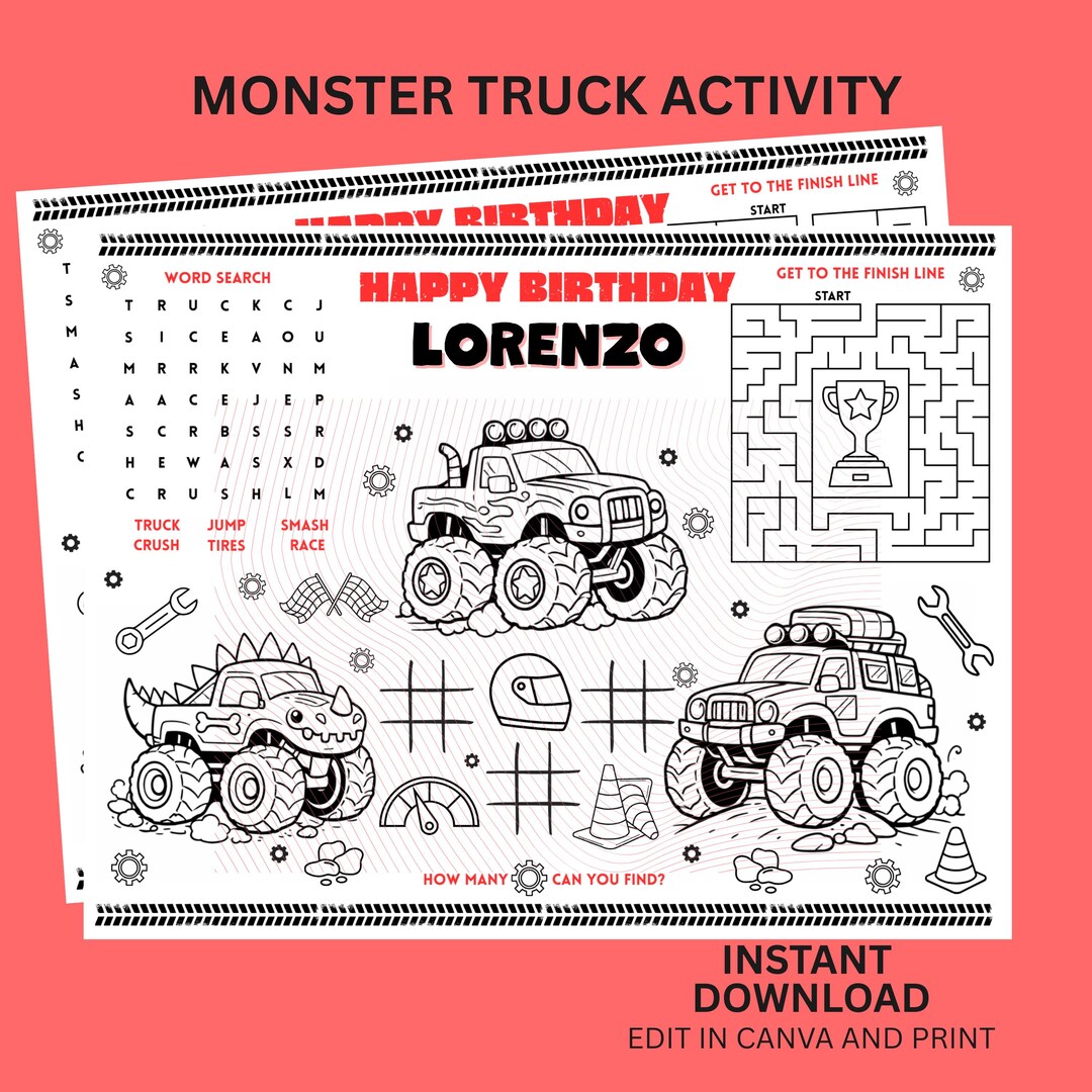 Personalized Monster Truck Birthday Placemat | Printable Coloring Page ...
