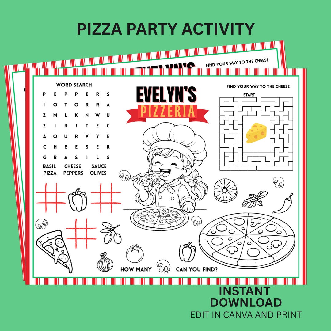 Personalized Pizza Birthday Coloring Placemat | Party Activity ...
