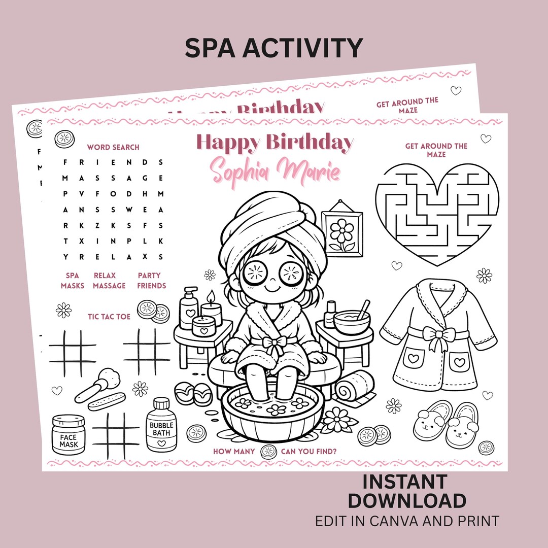 Personalized Spa Birthday Coloring Placemat | Canva Editable (PDF ...