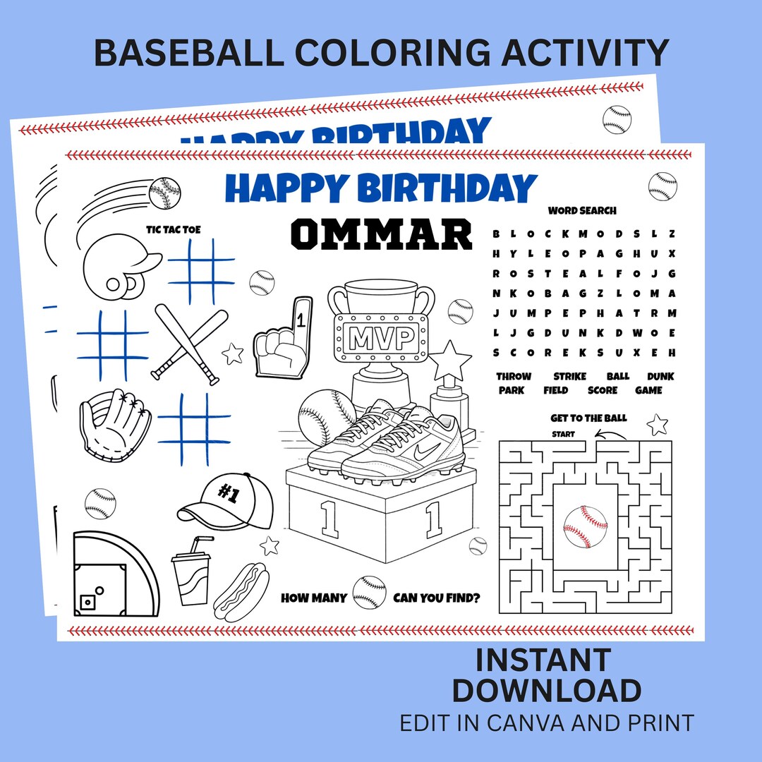 Personalized Baseball Birthday Coloring Placemat | Party Activity ...