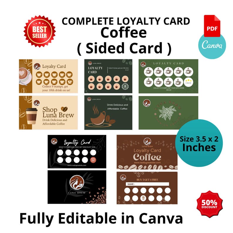 Coffee Shop Loyalty Card Templates | 5 Editable Canva Designs (digital ...