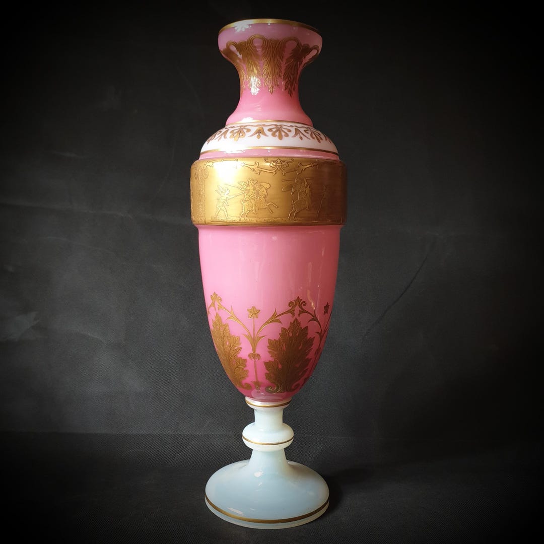 White & Pink Opaline Vase – Gilt Classical Motifs, Painted Panels ...