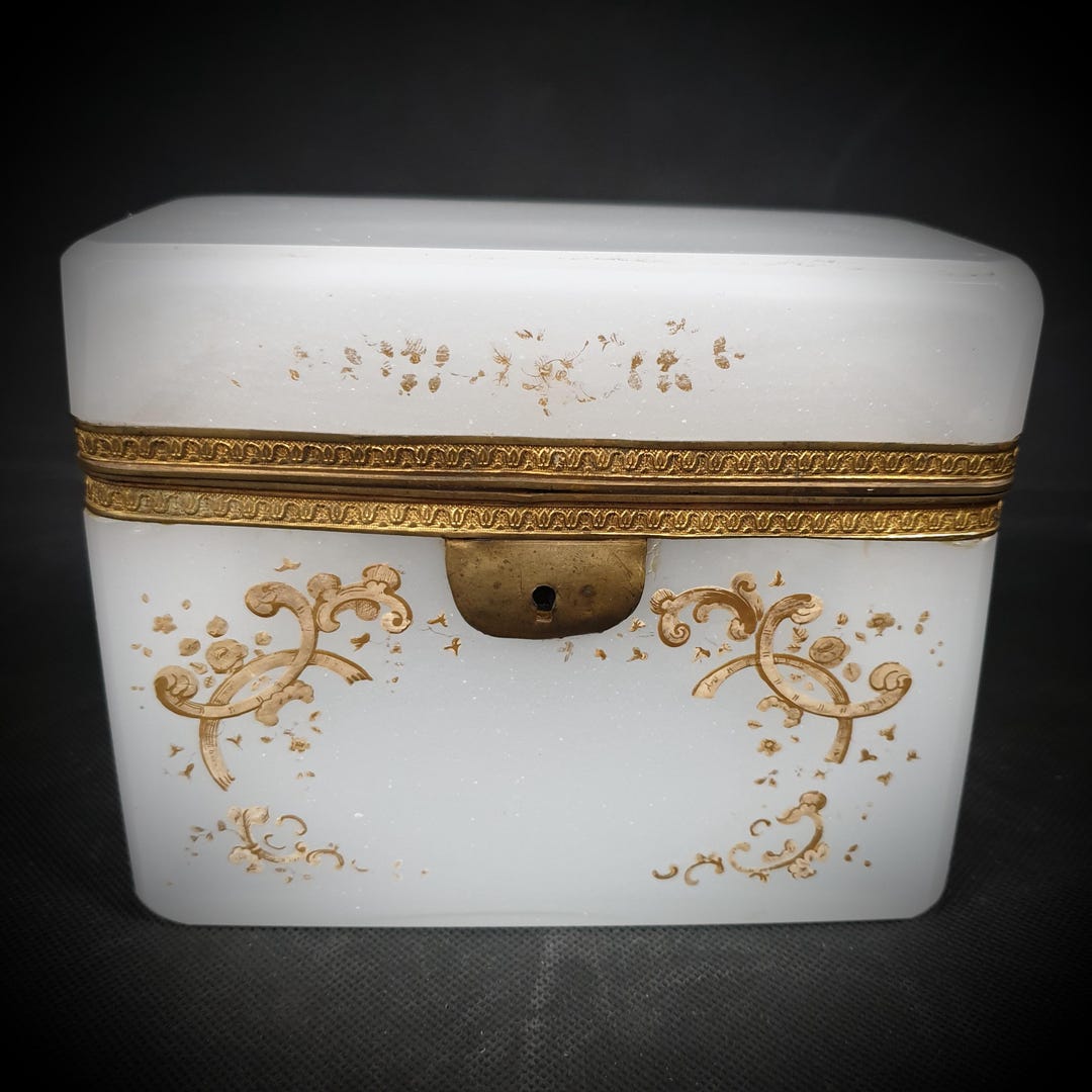 French White Opaline Glass Box – Gilt Floral Motif, Hinged Copper Mount ...