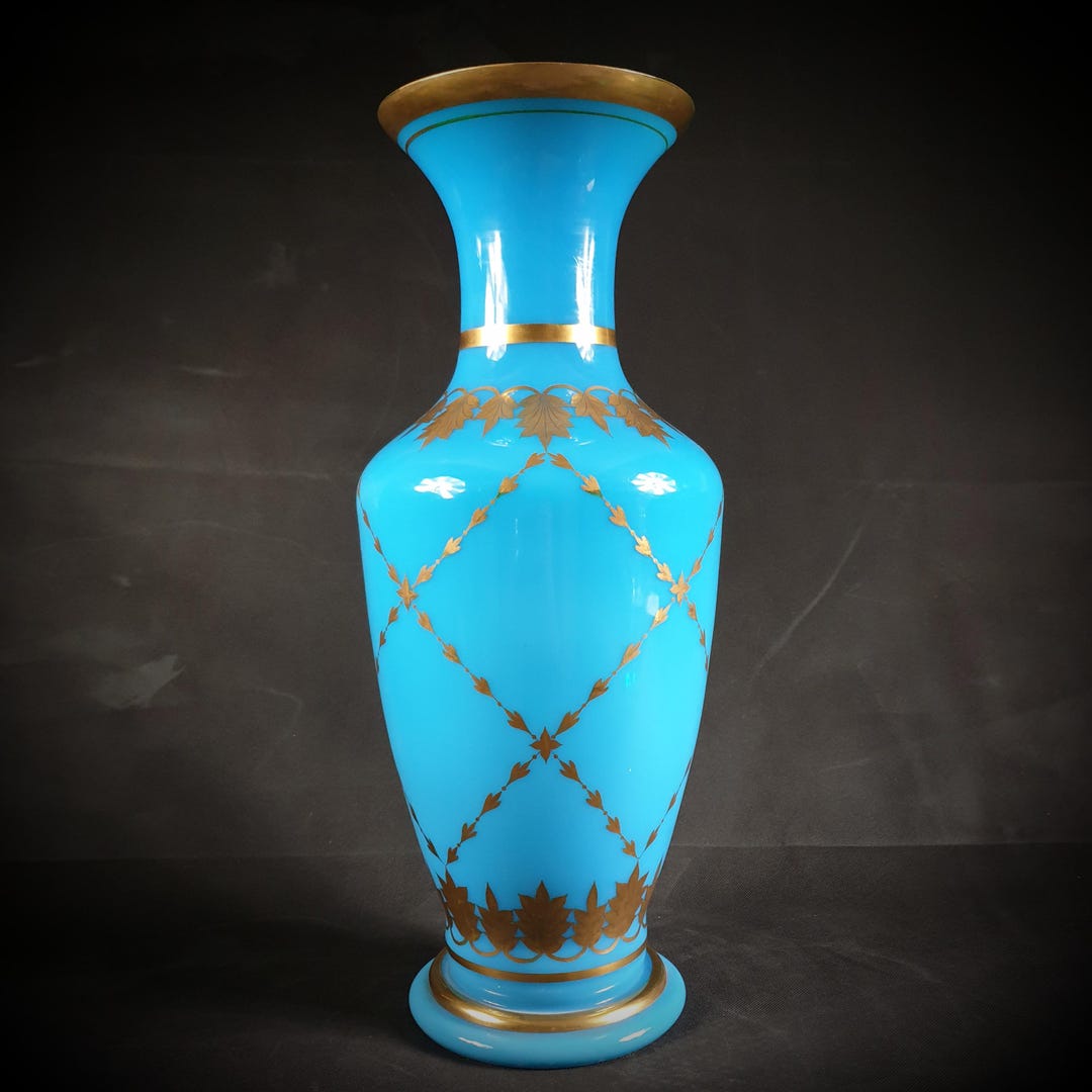 French Azure Opaline Vase – Gilt Leaf & Lattice Motifs, Victorian ...