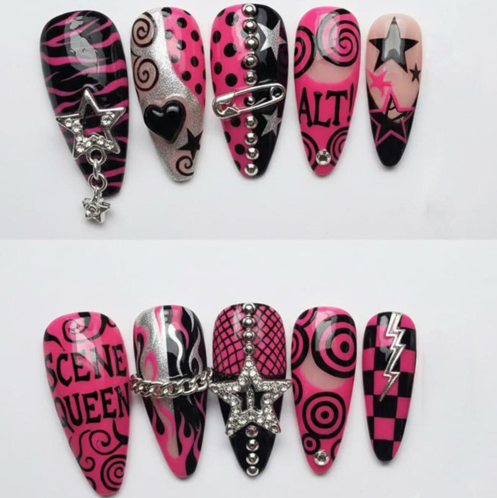 Hot Pink Scene Queen Press on Nails With Stars, Chains, Flames ...