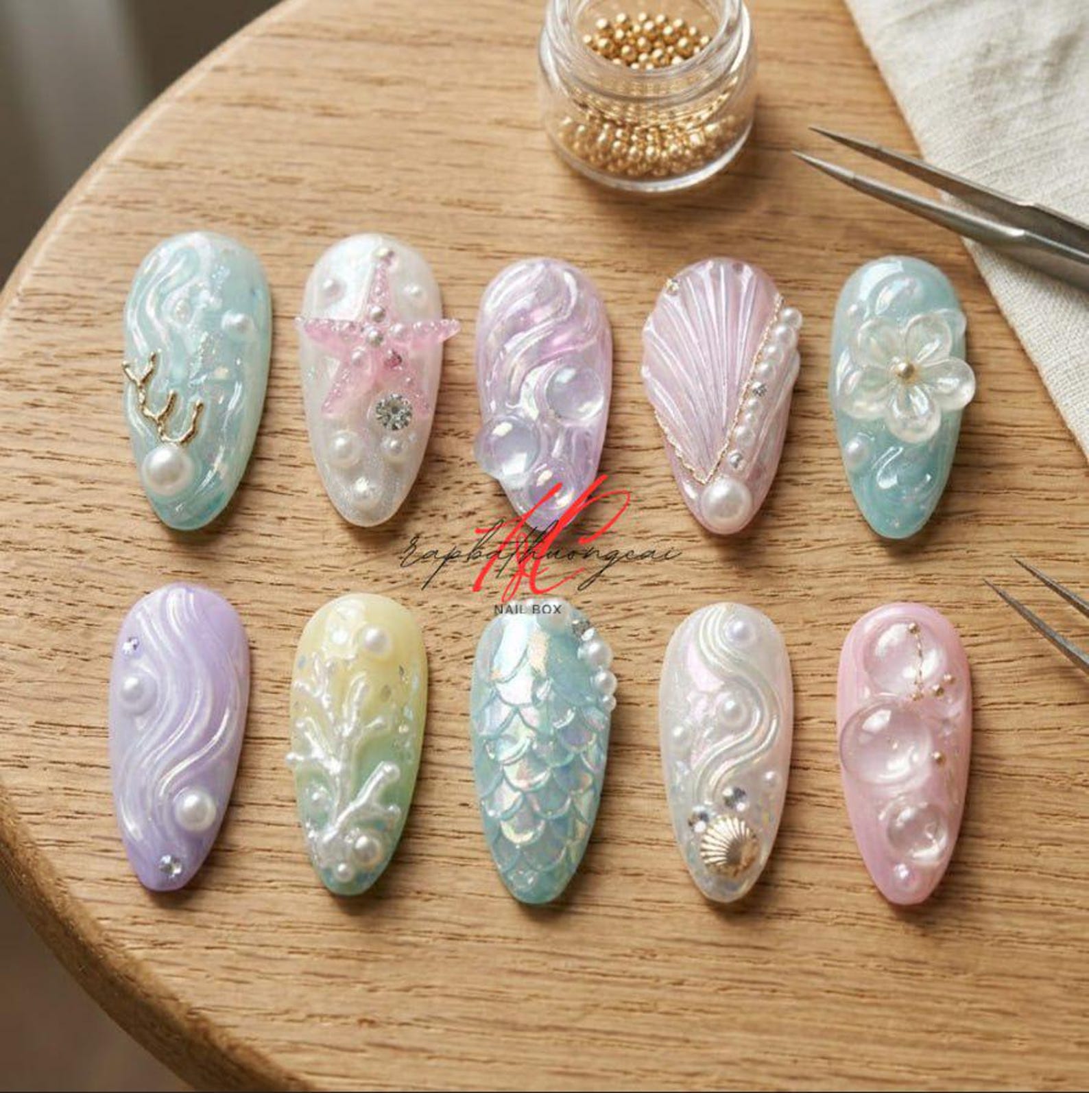 3D Mermaidcore Press on Nails | Pastel Ocean Seashell Fake Nails ...