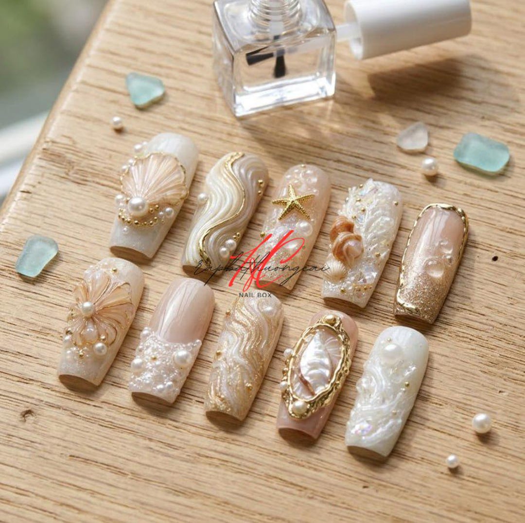 3D Seashell Beach Press on Nails | Gold Starfish Mermaidcore Fake Nails ...