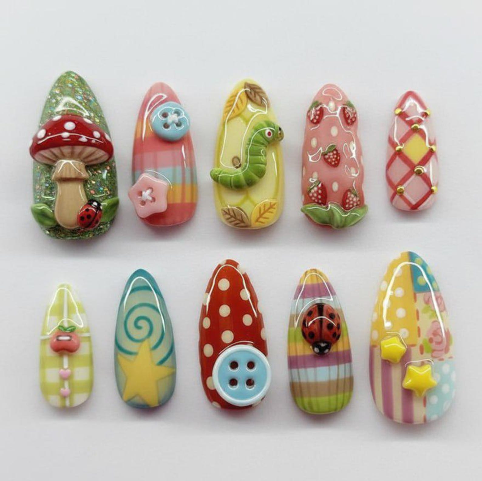 Whimsical Cottagecore Press on Nails With Mushrooms, Caterpillar ...