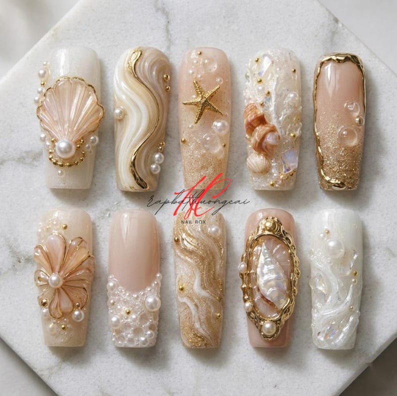 3D Seashell Beach Press on Nails | Gold Starfish Mermaidcore Fake Nails ...