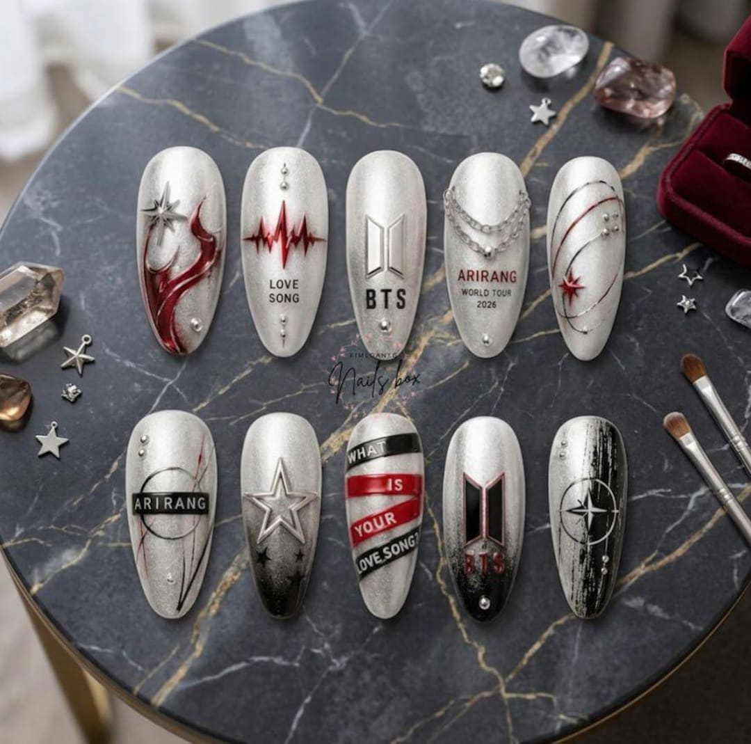 BTS Arirang World Tour Press on Nails, Silver Red Concert Nails, KPOP ...