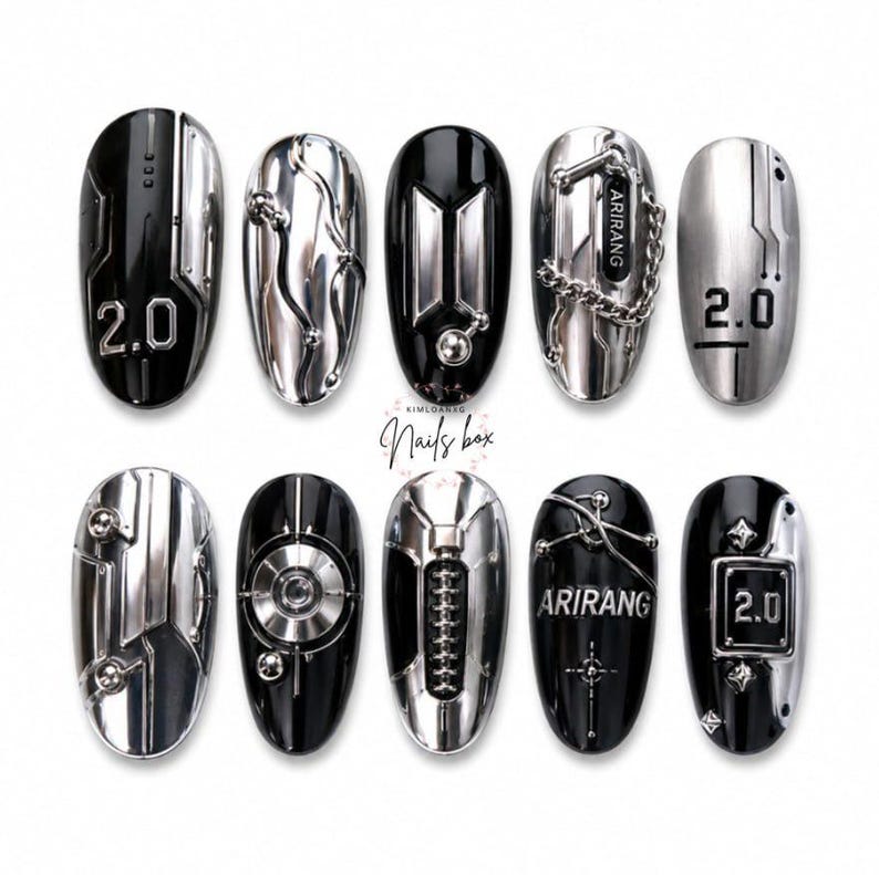 BTS Arirang 2.0 Cybercore Press on Nails, Black Silver Chrome KPOP ...