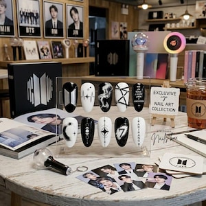 BTS Exclusive OT7 Press on Nails, Black White KPOP Concert Nails ...