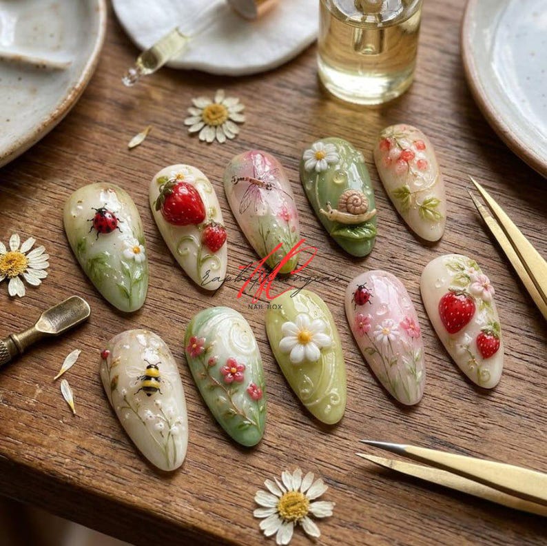 3D Cottagecore Garden Press on Nails | Strawberry Ladybug Bee Fake ...