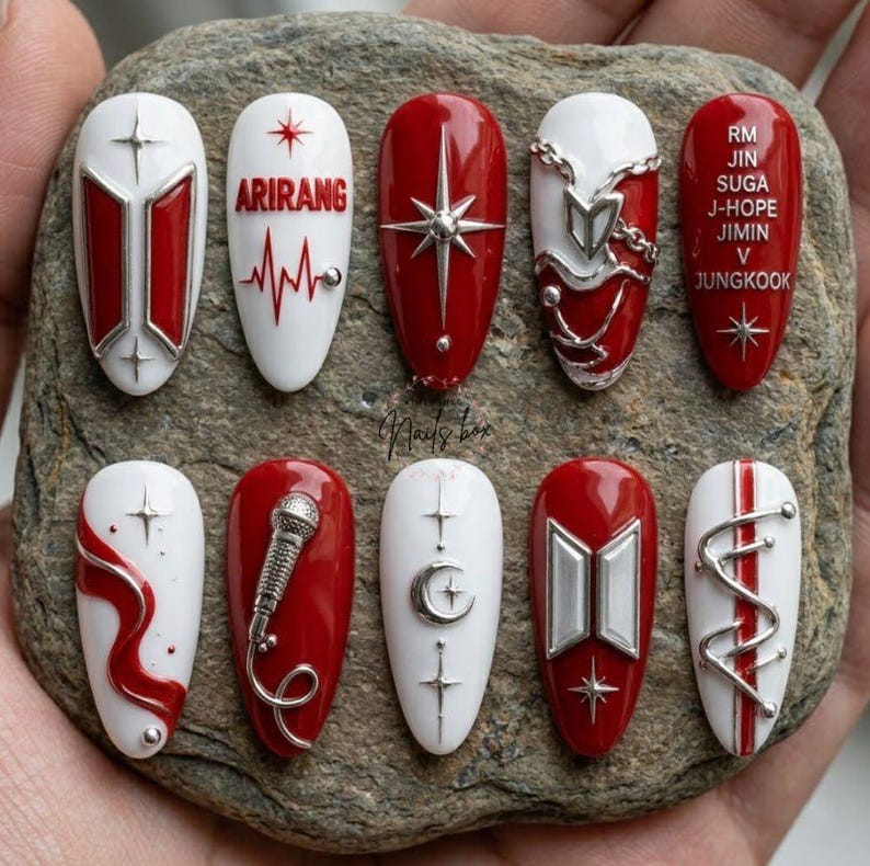BTS yet to Come Press on Nails, Red White ARMY Collection Nails, KPOP ...
