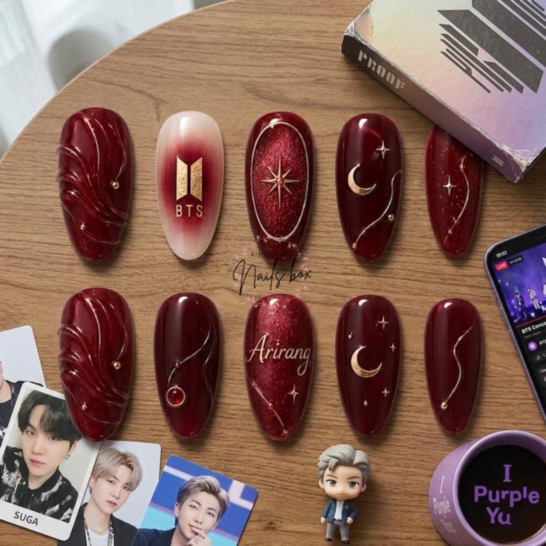 BTS Arirang Burgundy Press on Nails, Red Velvet KPOP Concert Nails ...