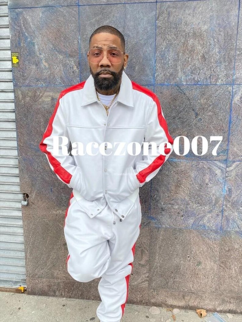 Men’s Leather Track Suit Sweatsuit White Red Genuine Leather Casual ...