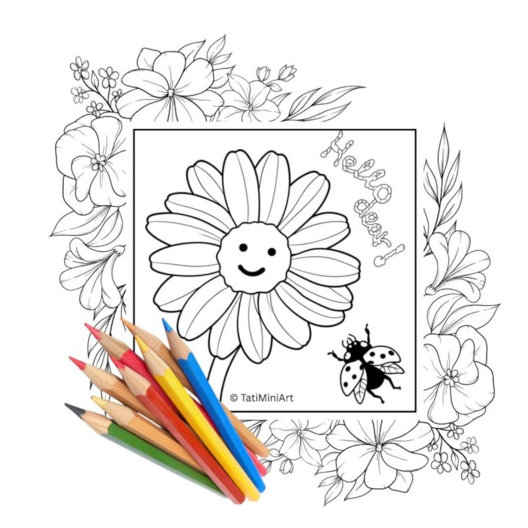 Digital Coloring Page: Chamomile and Ladybug; Printable PDF and JPG ...
