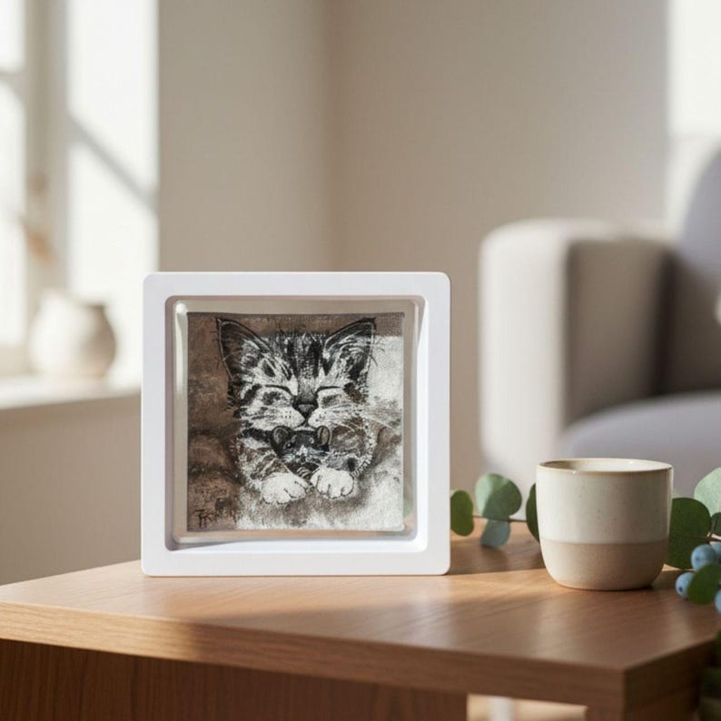 Happy Cat and Mouse Acrylic Painting: 2.4x2.4" Original Black & White ...