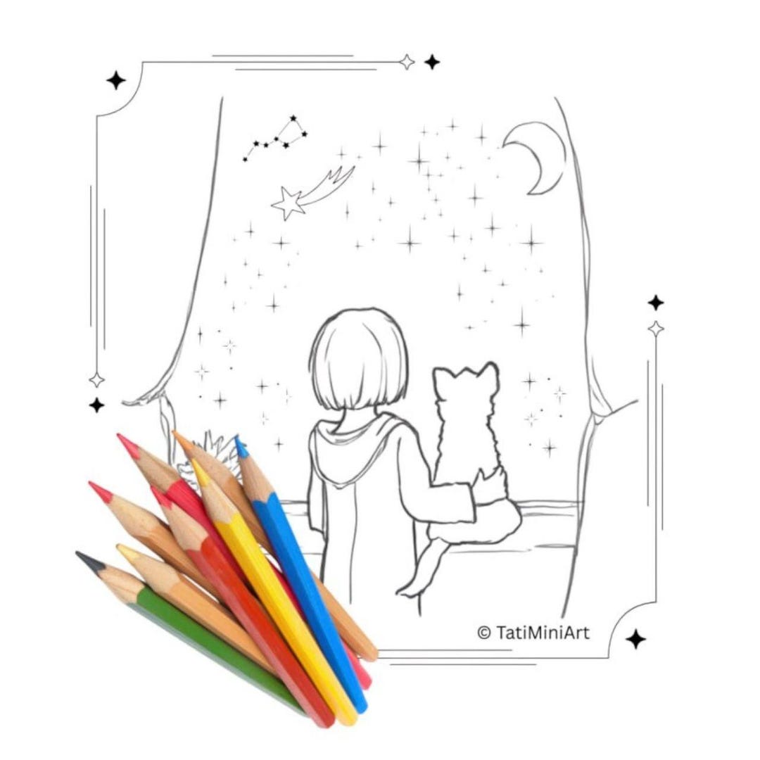Falling Star Dream Coloring Page: Girl and Cat, English/spanish (PDF ...