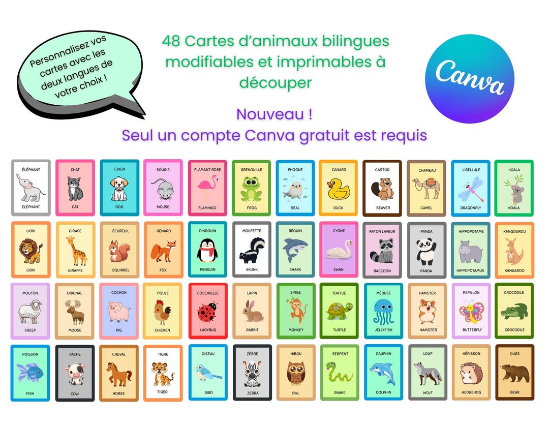 Editable and Printable Bilingual Animal Cards With Canva, Educational ...